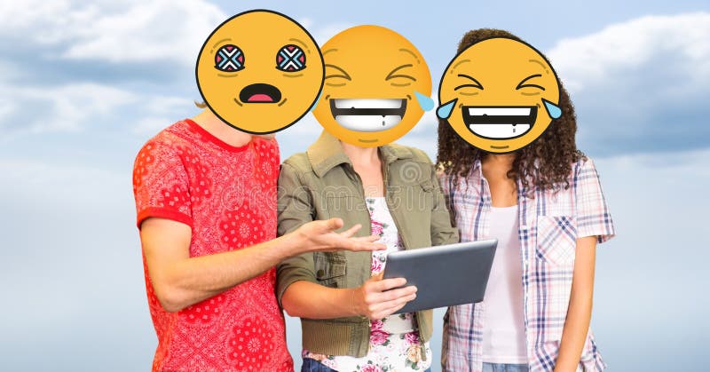 People Using Tablet PC with Emojis Over Faces Stock Illustration ...