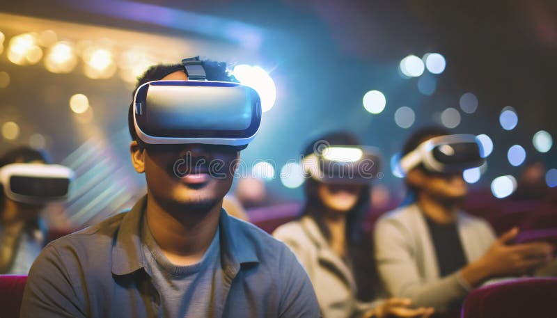 People Using Virtual Reality Headset in Cinema Stock Illustration ...