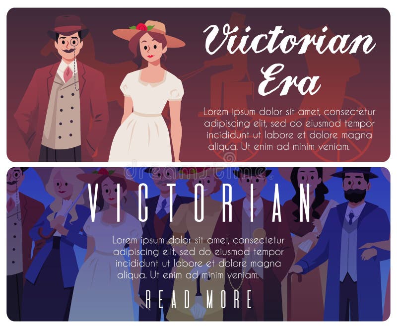 People Of Victorian Era Web Banners Set Flat Vector Illustration