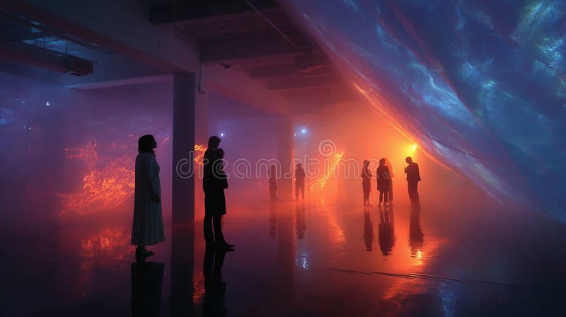 People Viewing Artistic Light Installation in Large Room Stock ...