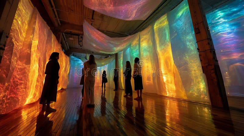 People Viewing Colorful Light Installation in an Indoor Space Stock ...