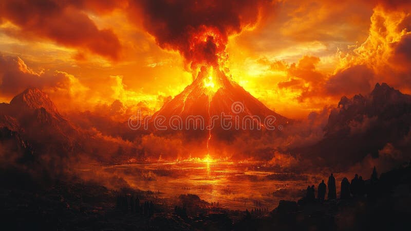 People Viewing a Volcanic Eruption with an Expanding Lava Flow and Sky Exploding Stock ...