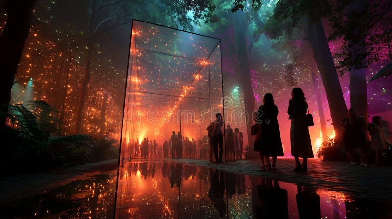 People Visiting Immersive Light Installation in Forest Stock ...