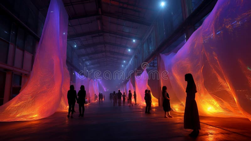 People Visiting Light Art Installation in Dark Hallway Stock Illustration - Illustration of ...