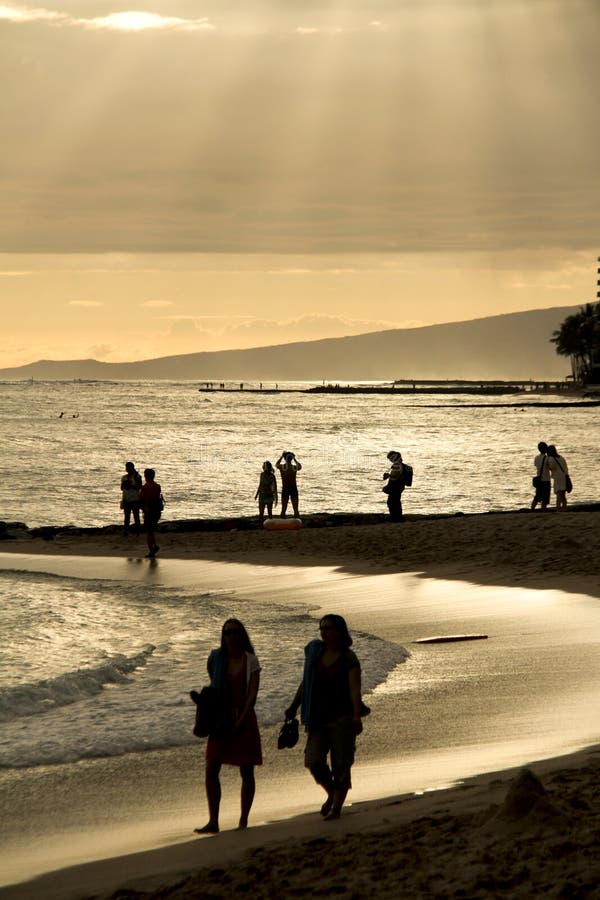 People on Waikiki Beach at Sunset Editorial Stock Photo - Image of calm ...