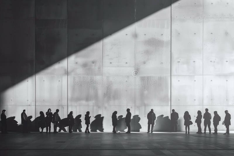 People Wait in Line, Their Shadows Cast Dramatically on a Smooth Wall ...