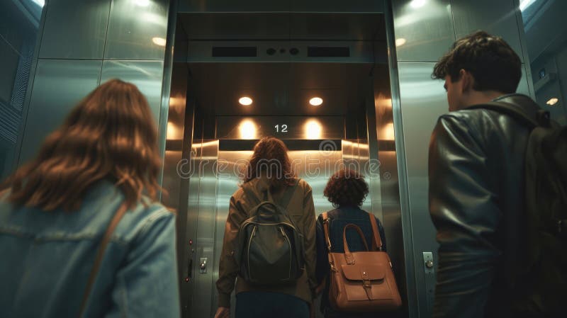 People are Waiting for the Elevator in the Corridor. View from the Back ...