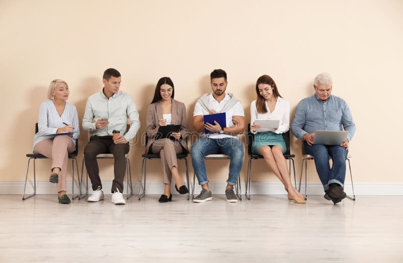 People Waiting in Queue on White Background, Back View Stock Photo ...