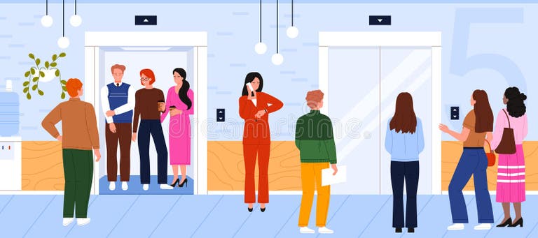 People Waiting in Line for Elevator Access Stock Illustration ...