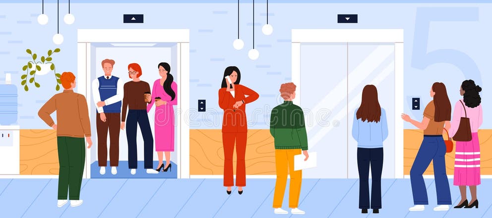 People Waiting in Line for Elevator Access Stock Illustration ...