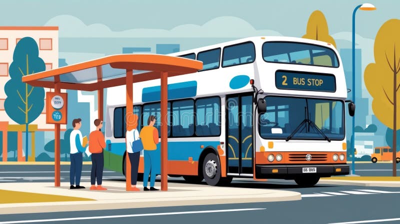 People Waiting at a Modern Bus Stop with Double-Decker Bus in an Urban ...