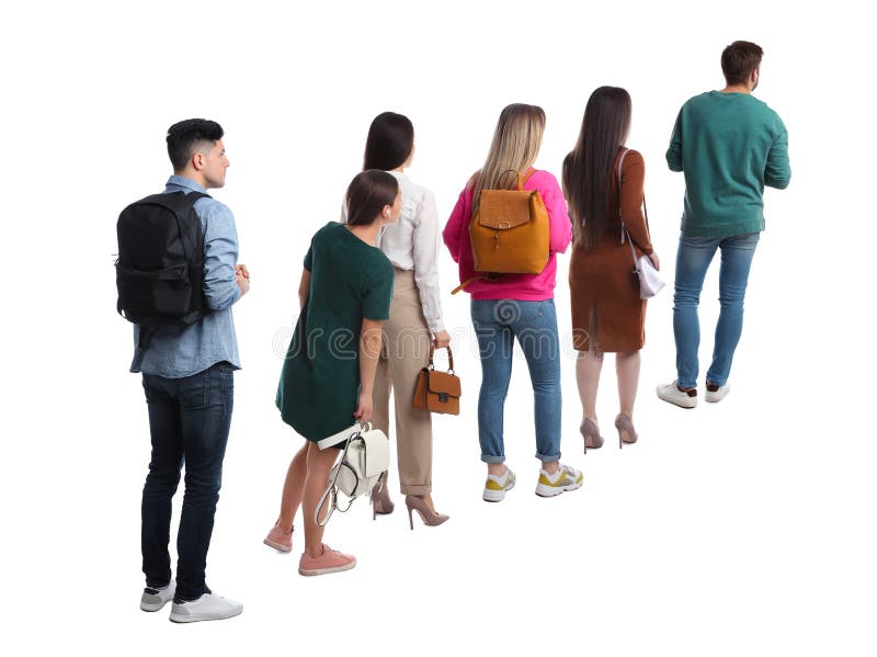 People Waiting in Queue on White Background, Back View Stock Photo ...