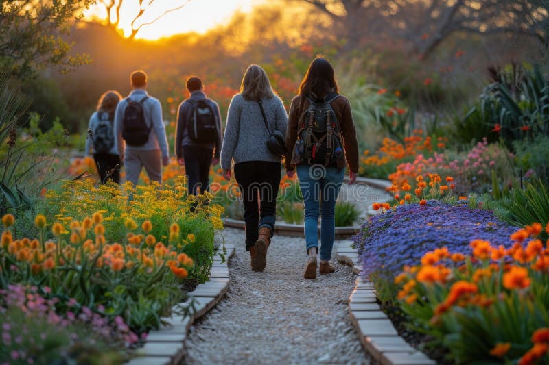 People Walk on a Brick Path in a Lush Garden with Vibrant Flowers ...