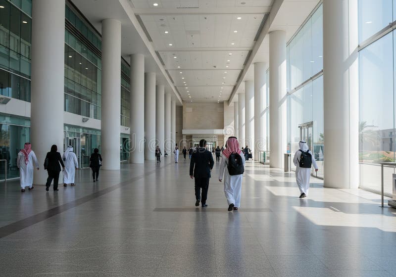 People Walk through a Bright Modern Building Interior with Large ...