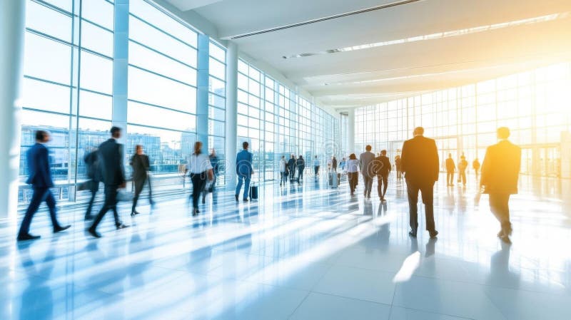 People Walk through a Bright Modern Lobby in Motion with Conference ...