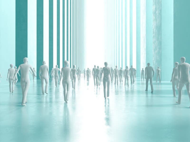 People Walk the Corridor with Columns To the Light 3D Rendering Stock ...