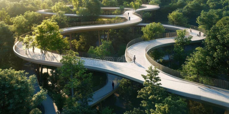 People Walk on Elevated Path through Trees, with Winding Paths and ...