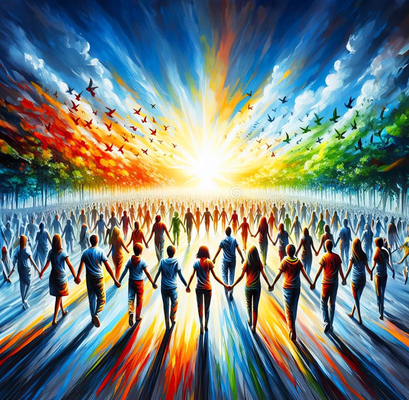 People Walk Hand in Hand in a Bright and Colorful Shining World Stock ...