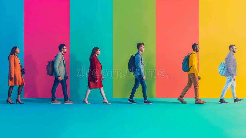 People Walk in a Line, Framed by Bright, Bold, Multi-colored ...