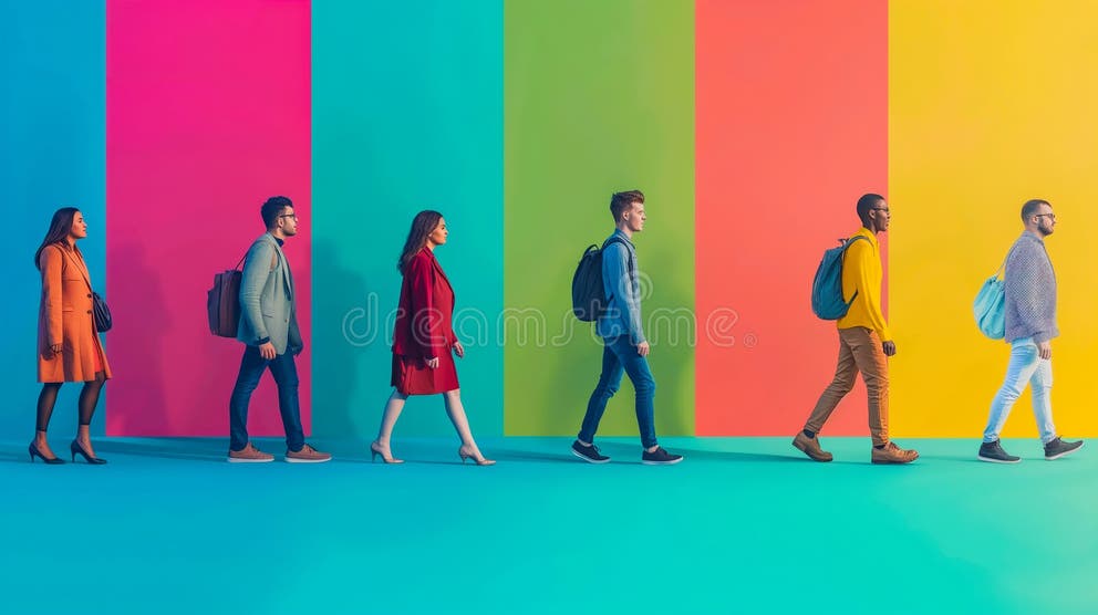 People Walk in a Line, Framed by Bright, Bold, Multi-colored ...