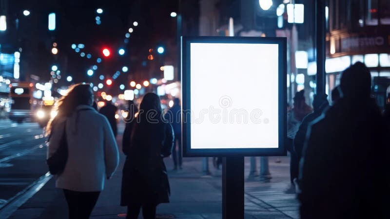 People Walk Past a Blank Billboard at Night in the City Stock Image ...