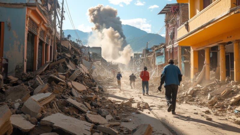 People Walk through Rubble Strewn Street after Destruction Stock Image ...
