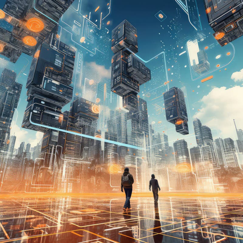 People Walk in Virtual Reality. Smart City of Future, Abstract Pattern ...