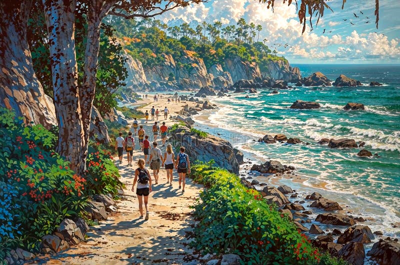 People Walking Along Path To a Pretty Beach Stock Illustration ...