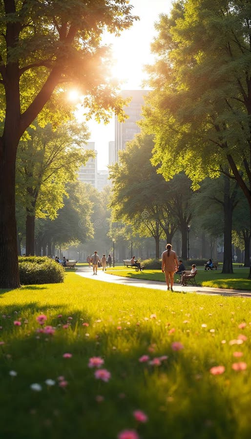 People Walking Along a Pathway Inside a Beautiful Sunlit Park Scene ...