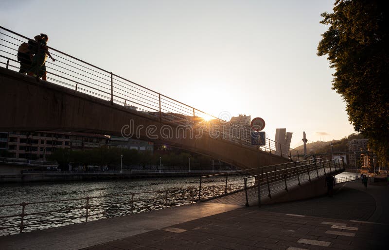 People Walking on the Bridge with Sunset, Bilbao Editorial Image ...