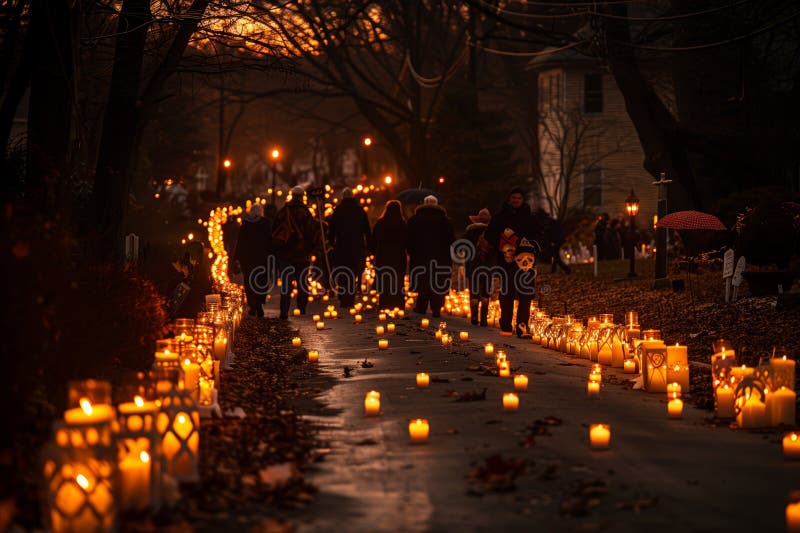 People Walking through Candlelit Path at Night Stock Image - Image of ...