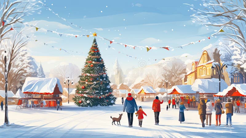 People are Walking in Crowds on a Snow-covered Square with Houses and a ...