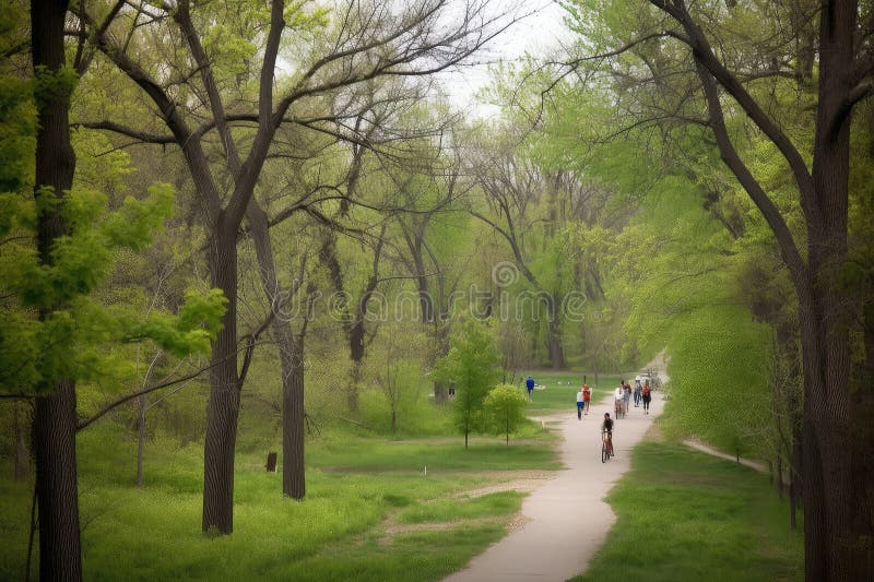 People Walking and Cycling on a Trail through the Park Stock ...