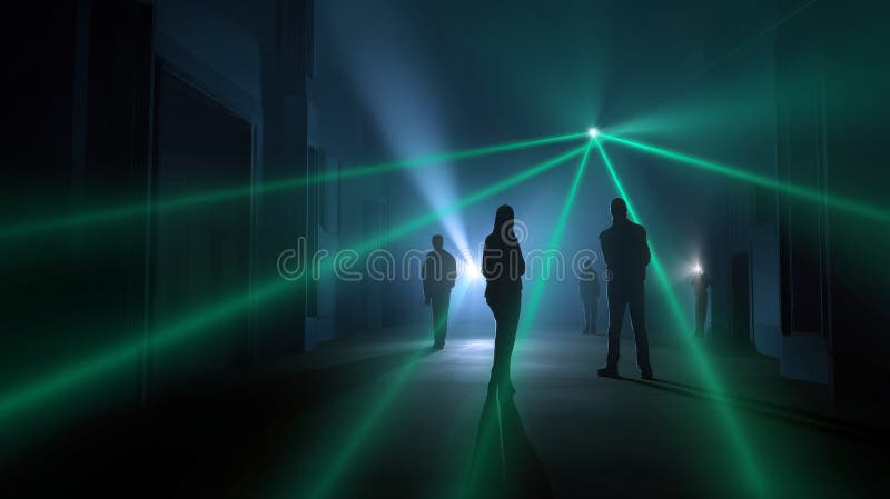 People Walking in Dark Corridor with Green Laser Beams Security System ...