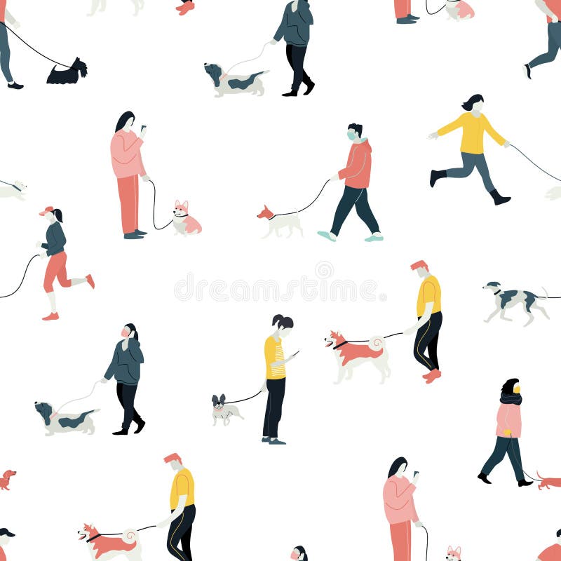 People Walking with Dogs Flat Vector Illustration Seamless Pattern ...