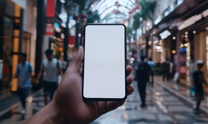 People Walking in Front of Department Store and Man Using Blank Screen ...