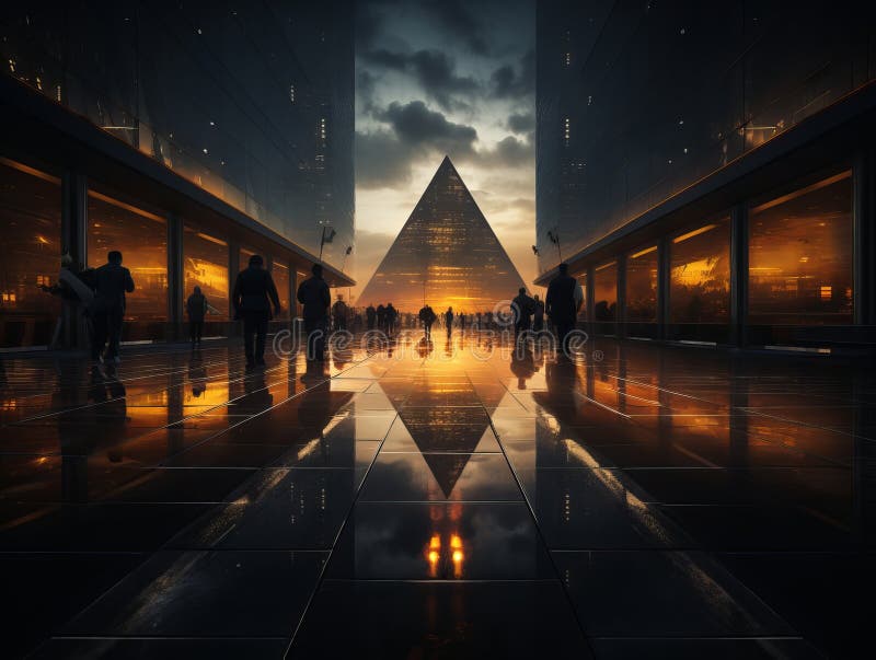 People Walking in Front of a Pyramid at Sunset Stock Illustration ...