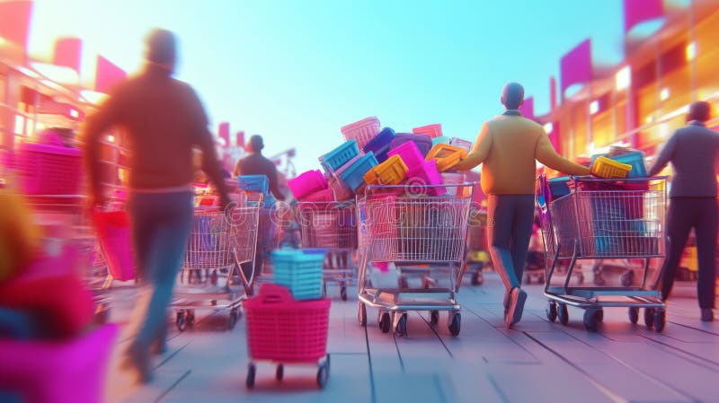 People Walking with Full Shopping Carts in an Urban Setting Stock ...