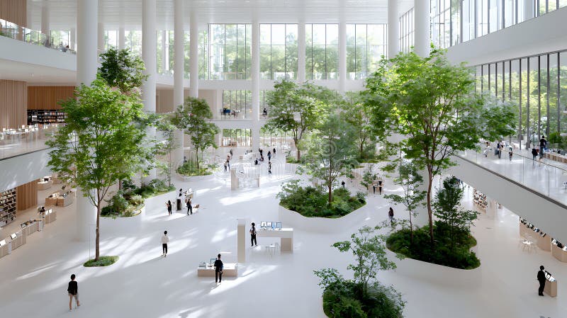 People Walking Inside a Modern and Bright Interior with Trees Stock ...