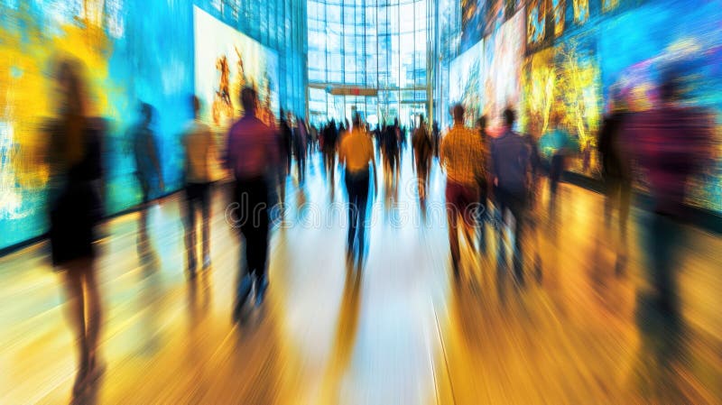 Blurred View of People Walking Inside a Colorful Modern Gallery Stock ...