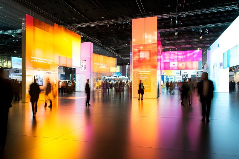 People Walking in Modern Exhibition Hall with Vibrant Colored Panels ...