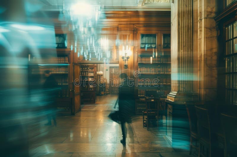 People Walking through Old Library with Motion Blur Stock Image - Image ...