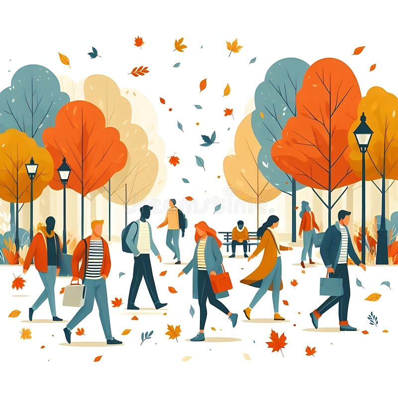 People Walking through a Park with Falling Leaves, Flat Style on White ...
