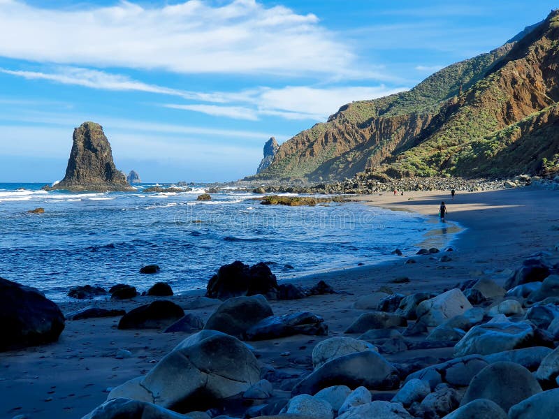 People Walking on a Remote Dramatic Beach in a Volcanic African Island ...