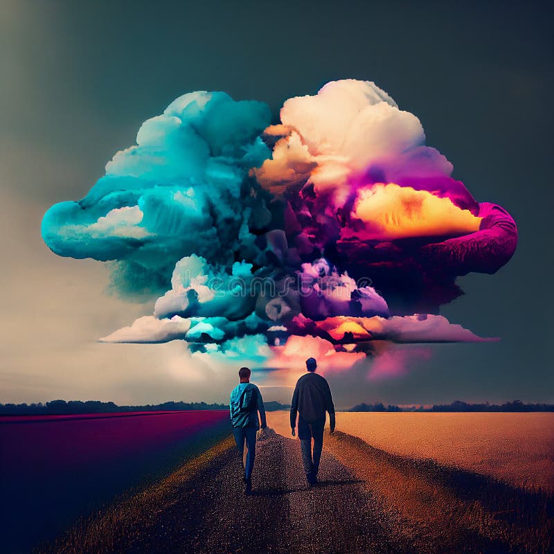 People Walking on the Road, Colorful Creative Cloud Above, Future ...