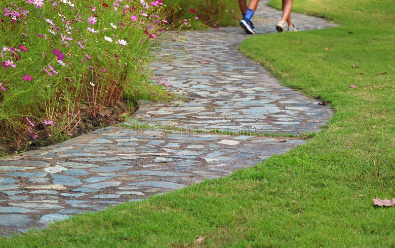 People Walking on a Stone Path in the Garden Stock Image - Image of ...