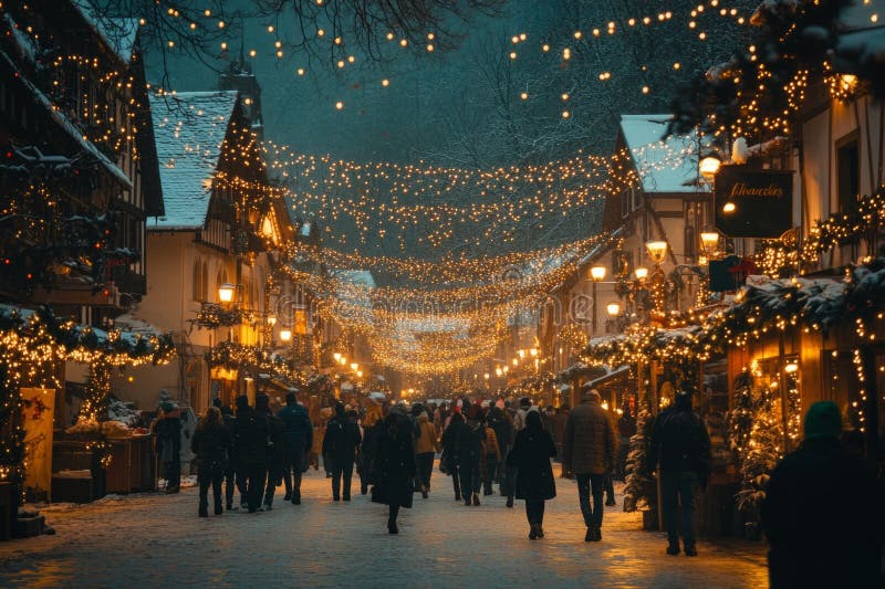 People Walking in a Street Full of Christmas Lights Decorations Stock ...
