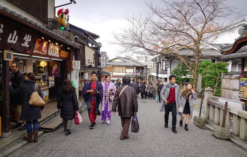 People Walking On Street At Old Town In Kyoto Japan Editorial Image