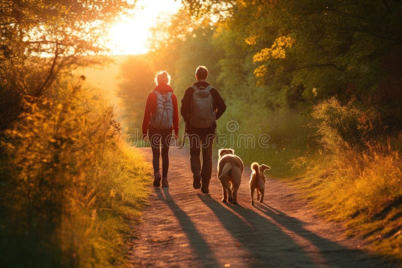People Walking on a Trail with Dogs in the Countryside at Sunset - AI ...