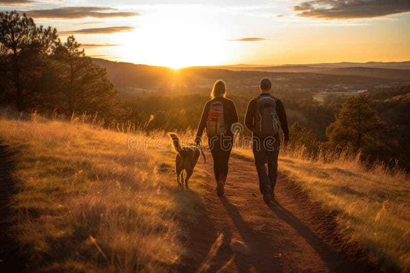 People Walking on a Trail with Dogs in the Countryside at Sunset - AI ...